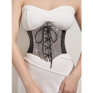 Verdusa Women's Rhinestone Corset Waist Belt Waistband Elastic Retro Wide Belt Black M