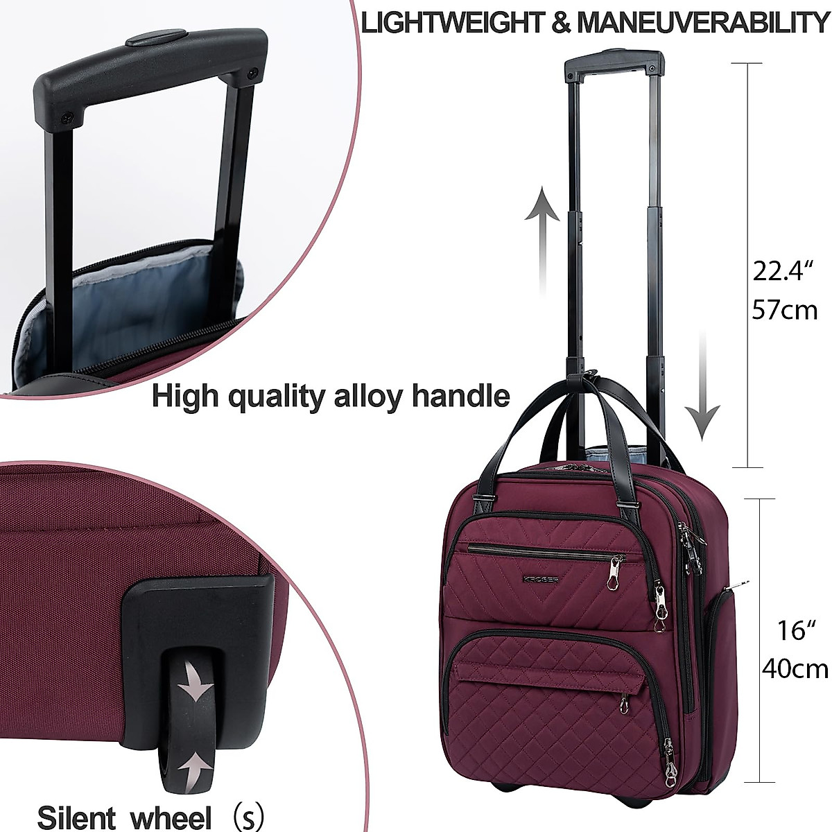 KROSER Carry On Underseat Multi-functional, 16-inch Underseater Lightweight Overnight Suitcase for Women, Burgundy