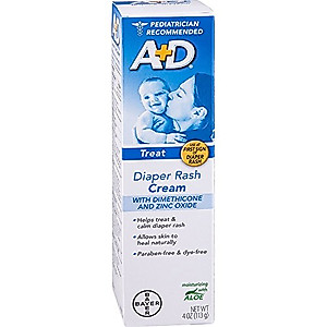 A+D Zinc Oxide Diaper Rash Treatment Cream, Dimenthicone 1%, Zinc Oxide 10%, Easy Spreading Baby Skin Care, 4 Ounce Tube (Packaging May Vary)