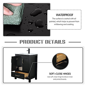 LUCKWIND 24” Bathroom Vanity with Sink, Modern Painted Bathroom Storage Cabinet with Ceramic Basin Sink Top, Faucet and Drawers Without Mirror, Black