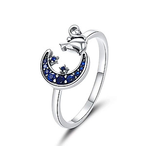 Presentski Cat Ring Adjustable Rings for Women Sterling Silver Moon and Star Open Ring for Women