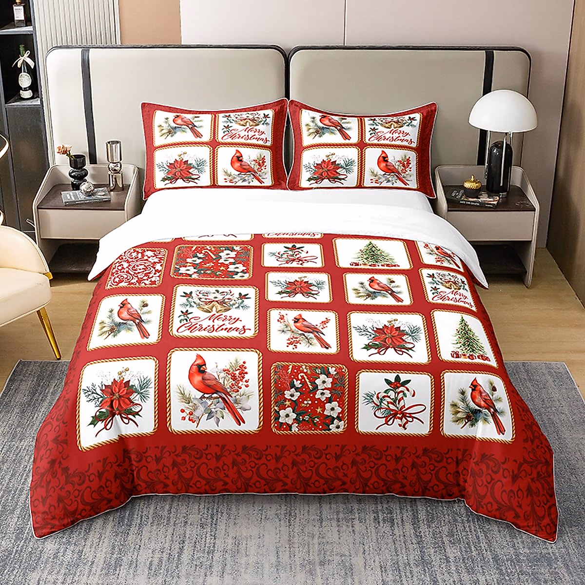 Exotic Birds 100% Nature Cotton Duvet Cover Queen,Merry Christmas Trees Flower Red Birds Super Soft Bedding Set,Rustic Farmhouse Geometry Patchwork Comforter Cover Bedding 3 Piece (No Comforter)