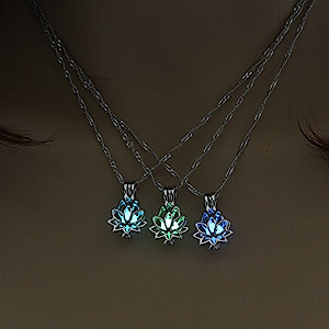 MYANAIL Luminous Lotus Pendant Necklace for Women Hollow Flower Lockets Necklace (Azure)