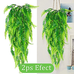 AA BADBABY 2pcs Artificial Hanging Vine Ferns Plants Fake Boston Fern Ivy Leaves Garland Greeny Chain Wall Home Room Garden Wedding Garland Outside Decoration (Fern)