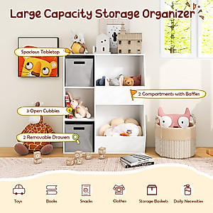 HONEY JOY 5 Cubbies Kids Toy Storage Organizer, Children Bookcase and Bookshelf w/2 Storage Boxes, Wooden Muti-Bins Toy Storage Display Cabinet for Playroom, Nursery, Daycare, Kindergarten