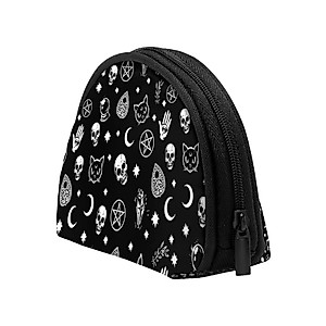 Skull Cat Moon Gothic Canvas Small Coin Purse Pouch Change Wallet Card Holder with Zipper for Women Girls Gift