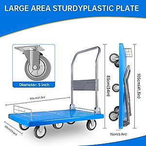 Platform Truck Dolly Cart Folding Platform Cart with 1320 lbs Weight Capacity and 360 Degree Swivel Wheels, 41" L x 24" W Foldable Push Hand Cart for Loading and Storage, 5 Wheels Blue