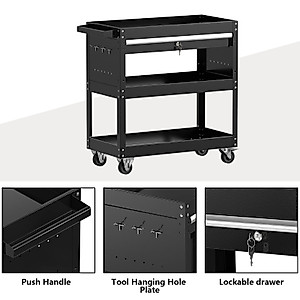 3-Tray Rolling Tool Cart,330 LBS Capacity Utility Tool Cart on Wheels with Lockable Drawers, 3 Tier Utility Tool Organizer Cart for Garage, Warehouse, Workshop & Repair Shop