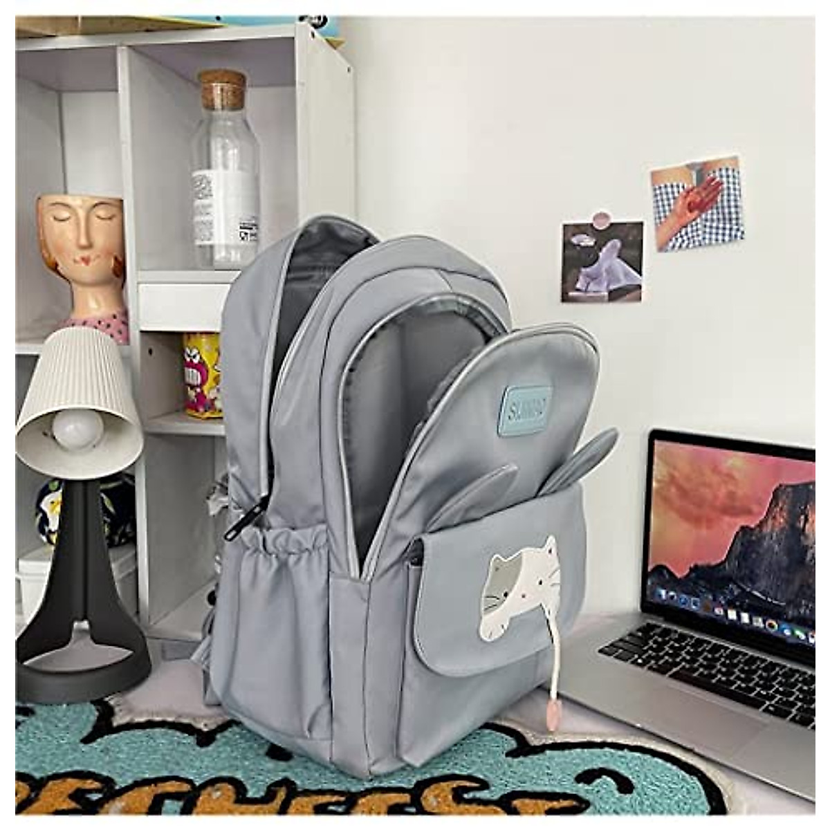 JHTPSLR Kawaii Backpack Japanese Cute Cat School Backpack with Plushies Aesthetic Backpack for Teen Girls Back to School Supplies (Blue)