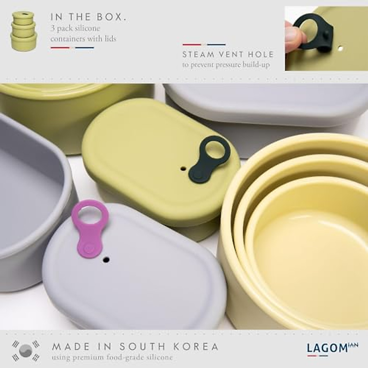 Lagomian Made in Korea, Set of 3 Nesting Hard-Shell Silicone Food Storage Containers | BPA Free, Airtight, Microwave, Dishwasher, Freezer Safe - Bento Lunch Box (Olive)