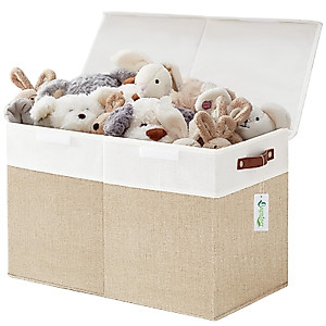 Bagnizer Large Toy Storage Box with Lids, Collapsible Sturdy Baby Storage Organizer Chest Bin Basket for Kids, Boys, Girls, Playroom, Nursery, Bedroom, Closet 25"x13"x16" (Beige and White)