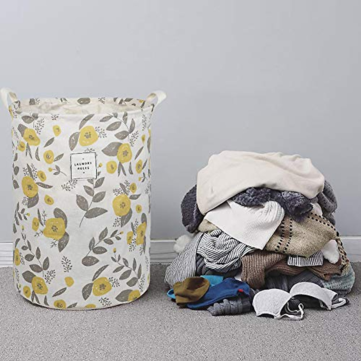 UUJOLY Collapsible Laundry Basket, Laundry Hamper with Handles Waterproof Round Cotton Linen Laundry Hamper Printing Household Organizer Basket, 19.7x15.7 inches, Yellow