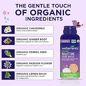 Wellements Organic Nighttime Gripe Water for Babies 1 Month+ (4 Fl Oz) - Baby Gripe Water for Bedtime Relief Gas, Colic & Fussiness - Herbs Promote a Peaceful Night’s Sleep - USDA Certified & Non GMO