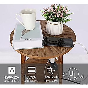 Round Side Table with Charging Station, Mid Century Modern Nightstand, End Table with USB Ports & Power Outlets, Farmhouse Bedside Table, Small Night Stand End Side Tables for Living Room Bedroom