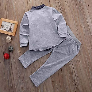 Baby Boys 2PCS Pants Suit, Polka Dot Long Sleeve Bow Folded Collar Button-Down Blouse, Long Elastic Band Pants Set (Grey, 6-12 Months)