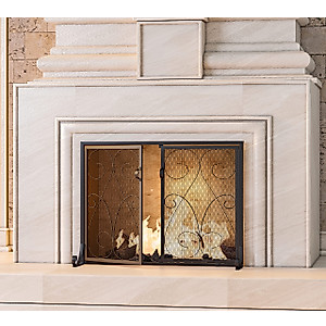 Kingson 2-Panel Fireplace Screen with Doors Handcrafted Wrought Iron Decorative Mesh, Symmetric Scroll Fire Spark Guard-Black