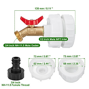 WADEO IBC Tote Adapter, 2.44" Fine Thread Adapter for 275-330 Gallon IBC Tote Tank, Brass Water Shut-Off Valve Faucet (1/2" Male NPT Inlet ×3/4" GHT Outlet) - with Garden Hose Quick Connector, White