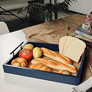 JJSQYLAN Wooden Serving Tray with Handles Rectangle Breakfast Tray for Coffee Table Decorative Ottoman Tray 16”x 12” for All Occasion's (Blue)