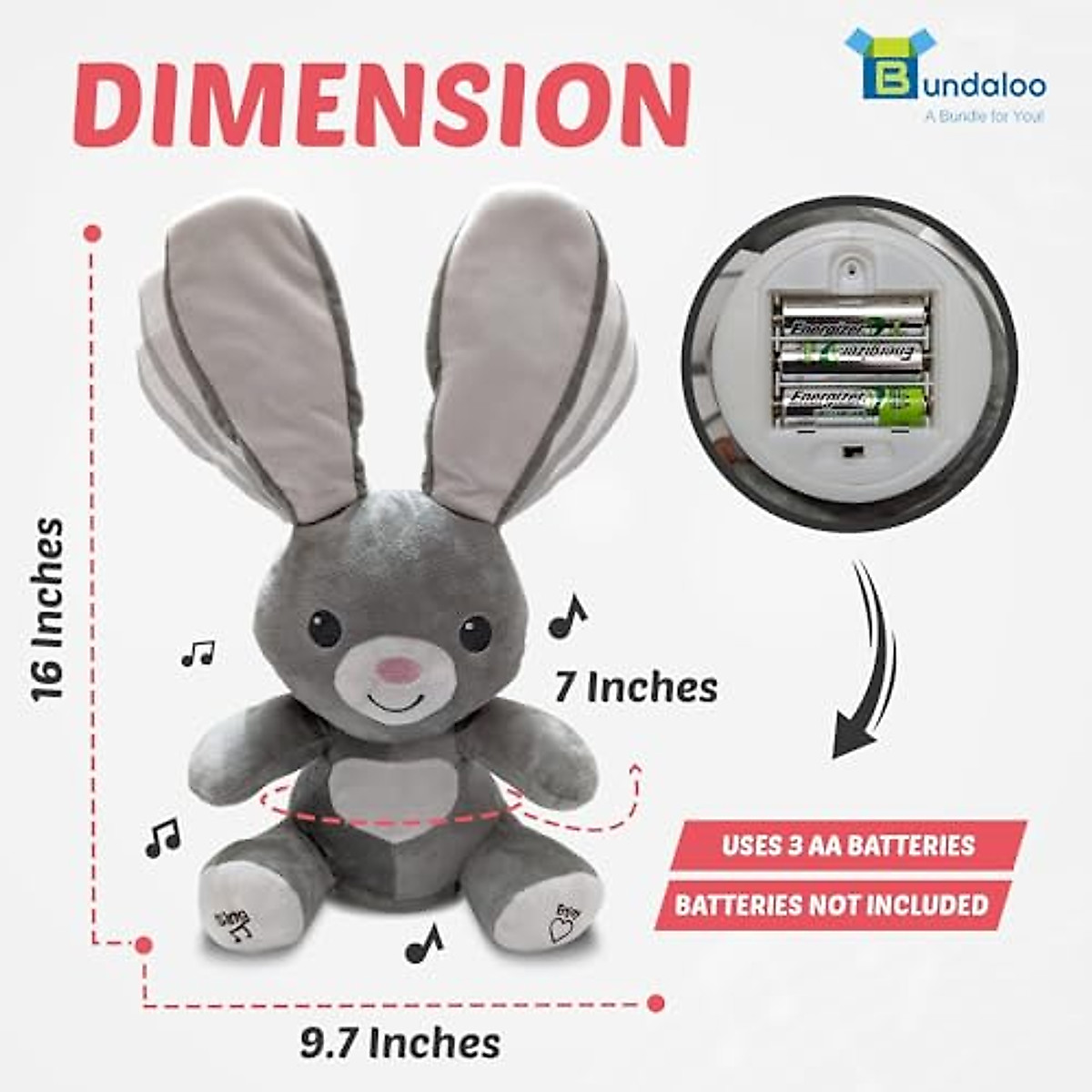 Bundaloo Plush Peek-A-Boo Bunny Animated Singing Play Along Stuffed Animal for Kids - Plays Games and Sings Songs (Peek-A-Boo Bunny)