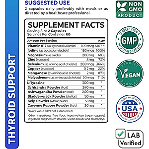 Thyroid Support with Iodine - 120 Capsules (Non-GMO) Improve Your Energy - Ashwagandha Root, Zinc, Selenium, Vitamin B12 Complex - Thyroid Health Supplement - 60 Day Supply