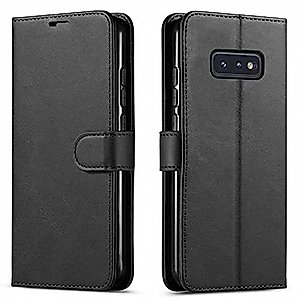 STARSHOP Samsung Galaxy S10E Phone Case, with [Tempered Glass Screen Protector Included] PU Leather Wallet Shockproof Phone Cover Kickstand with Pocket Card Slots Magnet Closure -Dark