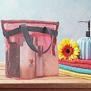 THINP Portable Shower Caddy, Mesh Shower Caddy Tote Mesh Shower Bag Quick Dry Shower Tote Bag with Zipper & 2 Pockets for College Dorms Gym Swimming Beach Travel Sports Games 10.6 * 7.8 Inch (Pink)