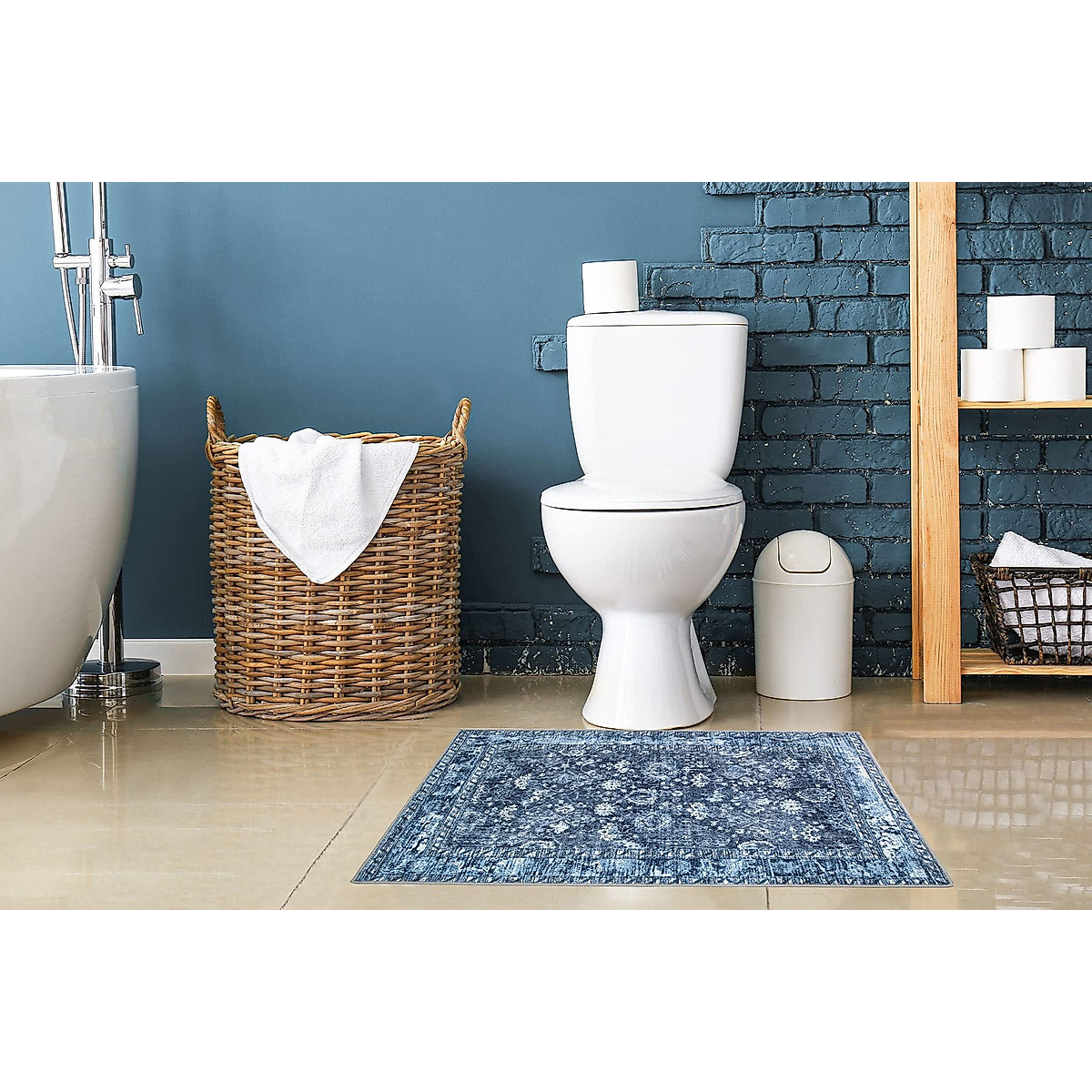 MUJOO Machine Washable Rugs 2'x3 ' Small Area Rugs Non Slip Boho for Entryway Kitchen Bathroom Bedroom Vintage Soft Low-Pile Navy Blue Area Rug.