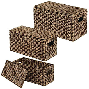mDesign Woven Water Hyacinth Rectangle Storage Organizer Basket Bin with Topper Lid and Handles - Natural Farmhouse Holder Containers for Closet, Bedroom, Bathroom, Office - Set of 3 - Dark Brown