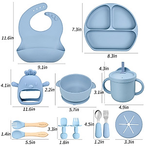BlissBuds Silicone Baby Feeding Set, 15 pieces baby suction plates and bowls set with baby bibs, spoons, forks, sippy cup and teether, baby led weaning supplies set for 6 months + (Blue)