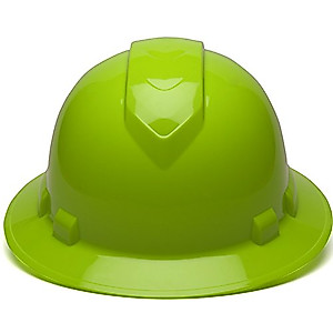 Pyramex Ridgeline Full Brim Hard Hat, 4-Point Ratchet Suspension, Hi-Vis Lime
