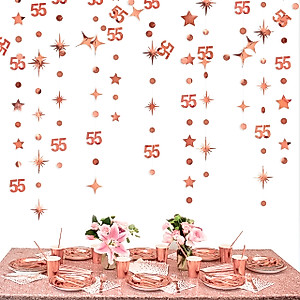 Rose Gold 55th Birthday Decorations Number 55 Circle Dot Twinkle Star Garland Metallic Hanging Streamer Banner Backdrop for 55 Years Old Birthday Happy 55th Anniversary Fifty Five Party Supplies