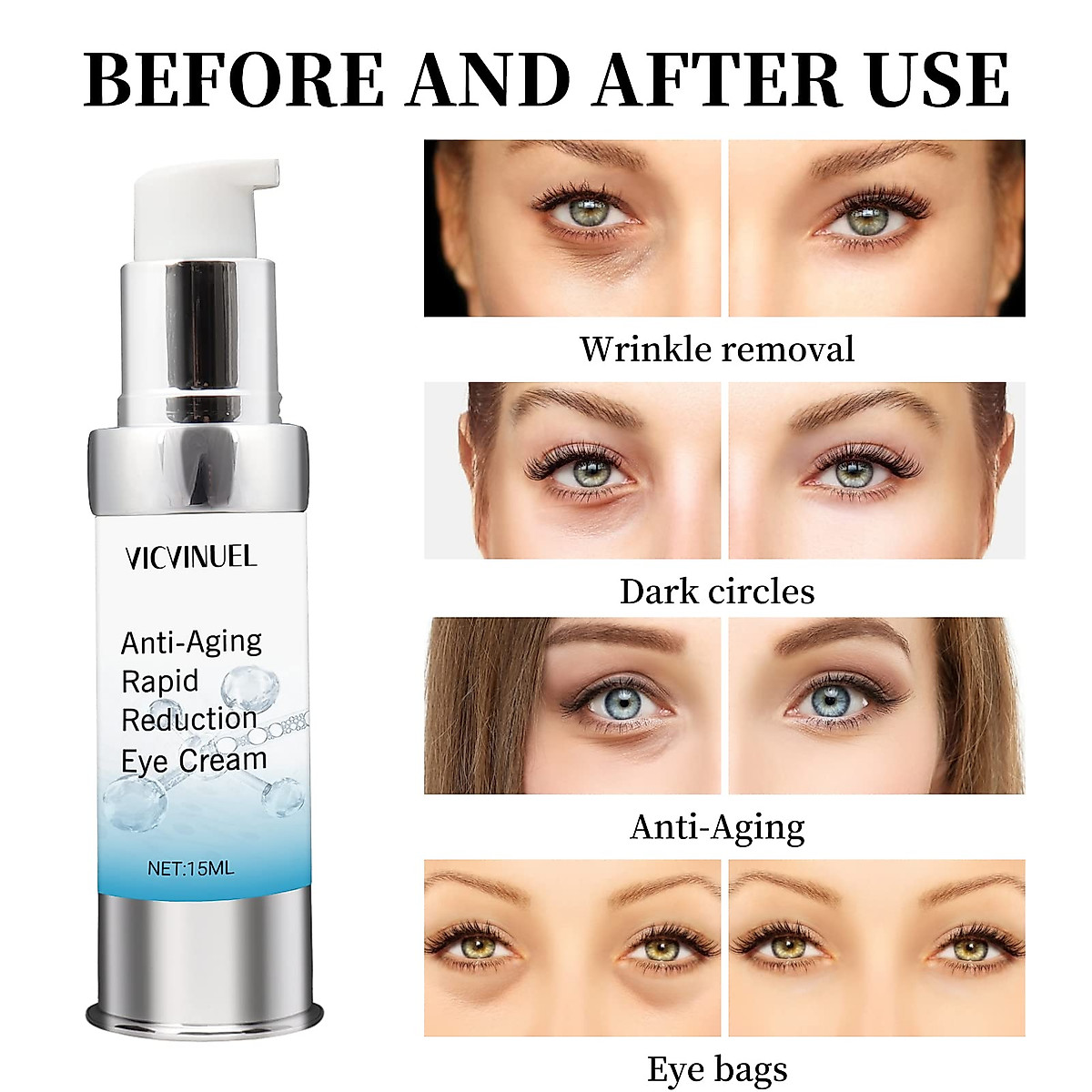 Anti-Aging Under-Eye Cream, Under Eye Bag Cream, Instantly Reduces Dark Circles and Puffiness by VICVINUEL, Peptides & Vitamin E for All Skin Types (0.5 FL OZ).