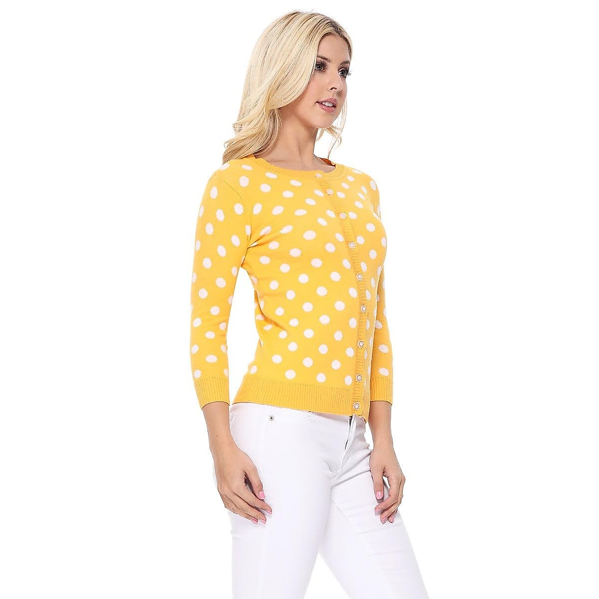 YEMAK Women's Polka Dot Cute Jacquard Crewneck Button Down Sweater Cardigan MK3104-RED-S