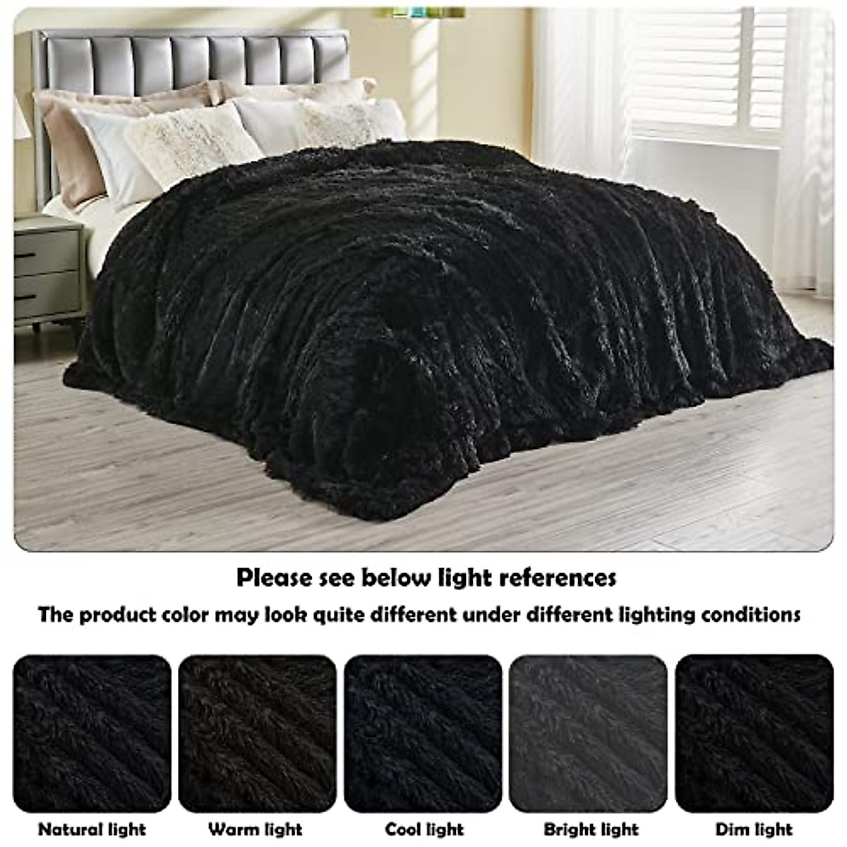 GONAAP Fuzzy Faux Fur Throw Blanket Black Super Soft Cozy Plush Fuzzy Shaggy Blanket for Couch Sofa Bed (Black, Throw(50"x60"))