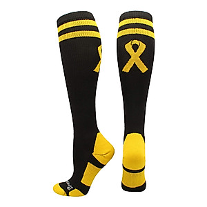 MadSportsStuff Gold Ribbon Childhood Cancer Awareness OTC Socks (Black/Gold, Medium)