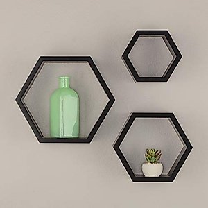 Gallery Solutions Black HexaGallery Geometric Decorative Wall Mounted Floating Shelves, Set of 3
