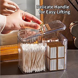 Clear Dispenser for Cotton Ball and Swab Plastic Qtip Holder with Lid Translucent Square Shape Canister 3 compartment for Bathroom Living Room Bedroom Vanity Makeup Organization (Green)