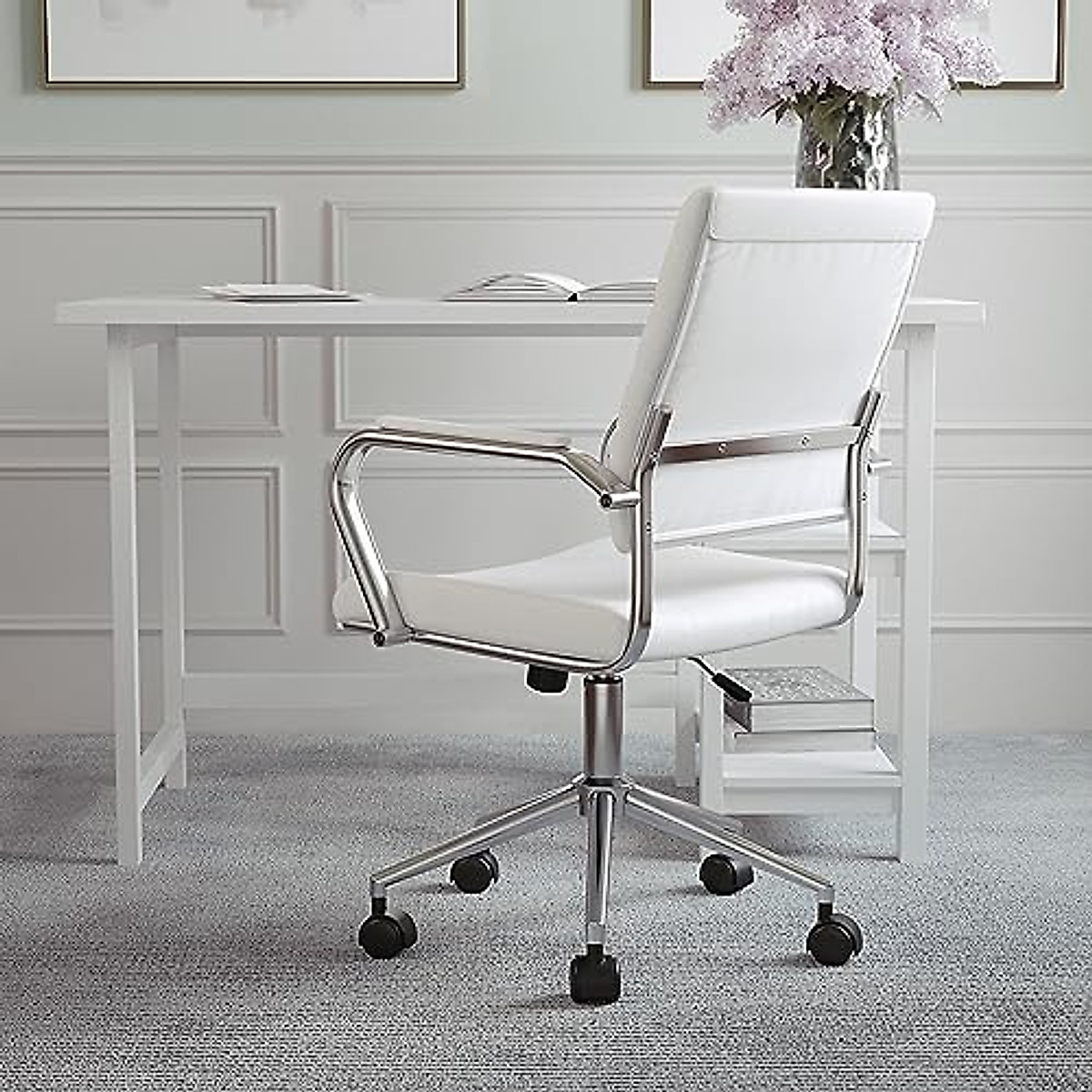 Martha Stewart Piper Swivel Task Chair with Armrests for Home Office in White Faux Leather with Polished Nickel Frame