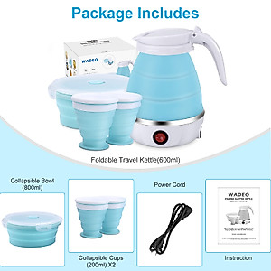 Portable Electric Kettle Travel Size, 600ML Small Foldable Tea Coffee Kettle with Collapsible Bowl and Cups, 5 Min Fast Water Boiling, BPA Free Food Grade Silicone, 110V 400W