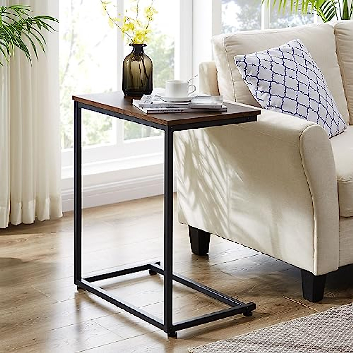 VANOMi C Shaped End Table, Living Room Sofa Small Side Table, Small Space Snack Table and Bedside Table with Wooden Metal Frame in Bedroom