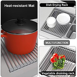 HIGEEK Roll Up Dish Drying Rack Over The Sink Dish Rack Kitchen Rolling Dish Drainer Over Sink, Foldable Sink Rack Mat Stainless Steel Wire Dish Drying Rack for Kitchen Sink Counter (17.5''x11.8'')