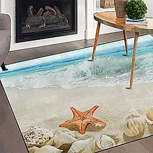 Summer Ocean Beach Area Rug 4x6ft/48x72in/120x180cm,Starfish Seashells Polyester Yoga Mat for Living Dining Dorm Room Bedroom Home Carpet Decor