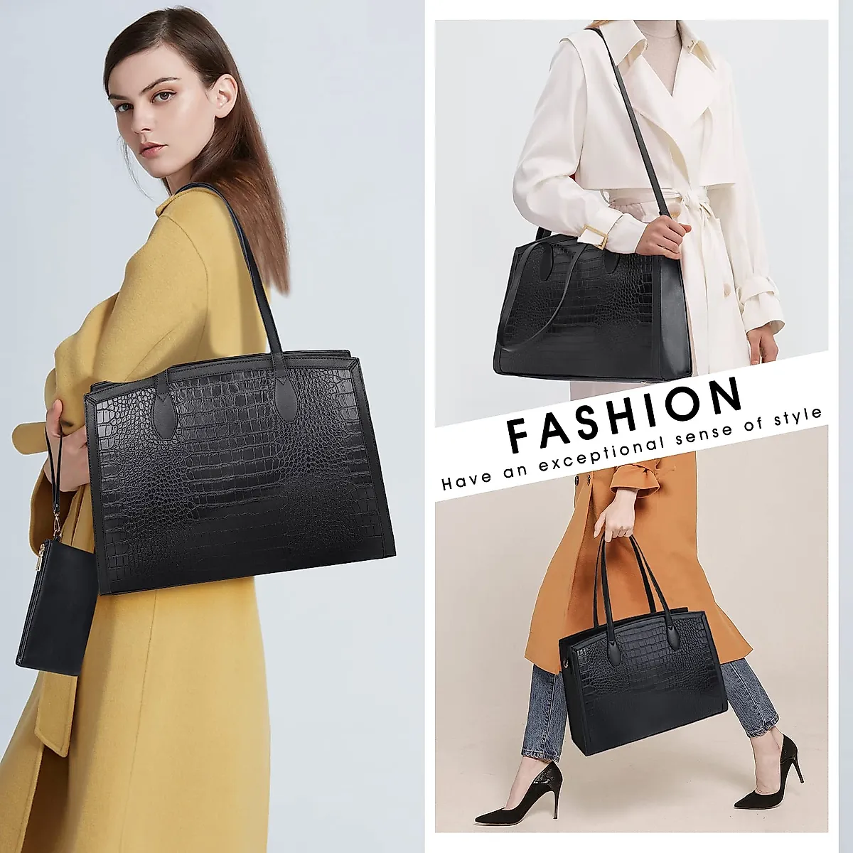 Laptop Bag for Women 15.6 Inch Laptop Tote Bags PU Leather Lightweight Womens Computer Bag Office Shoulder Bag Handbag Large Capacity Work Briefcase Bag 2PCs Black Crocodile Pattern