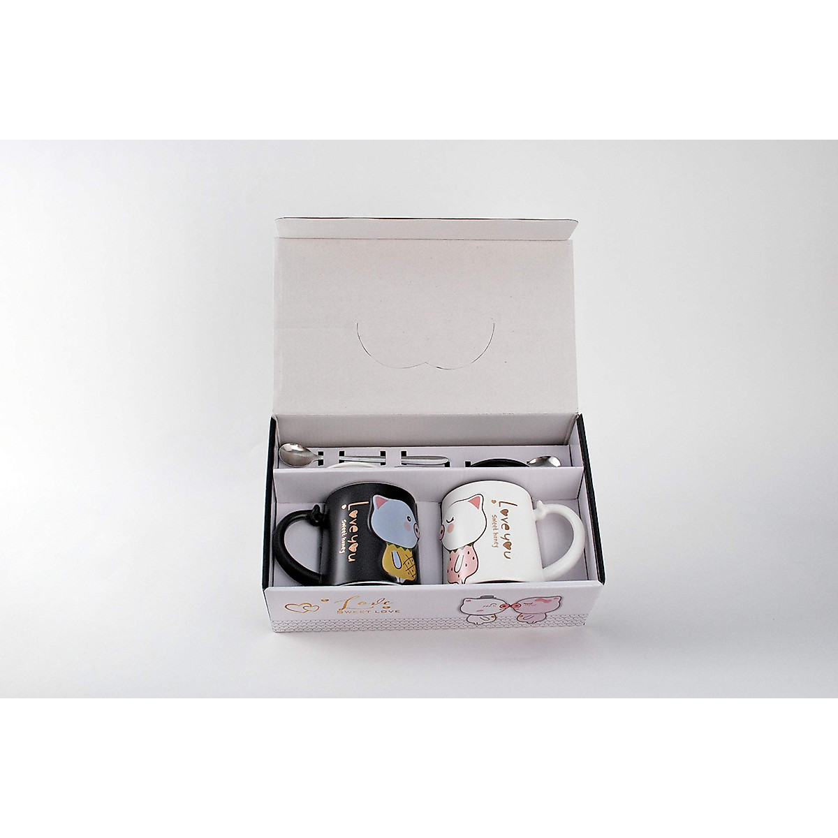 Hinomaru Collection Sweet Love Pig Couple Pair Mug Passion Piggies Kissing Matching Companion Mug Set Pack of 2 With Stirring Spoon (Black White)