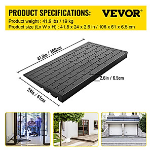 VEVOR , 2.6" Rise threshold ramp Doorway, 3 Channels Cord Cover Rubber Solid, Rubber Angled Entry Rated 2200Lbs Load Capacity for Wheelchair and Scooter