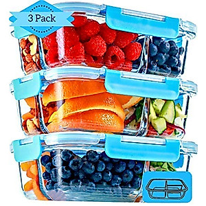 FIT Strong & Healthy 3 Compartment Glass Meal Prep Containers (3 Pack, 32 oz) - Glass Food Storage Containers with Lids, Glass Lunch Box, Glass Bento Box Lunch Containers, Portion Control, Airtight
