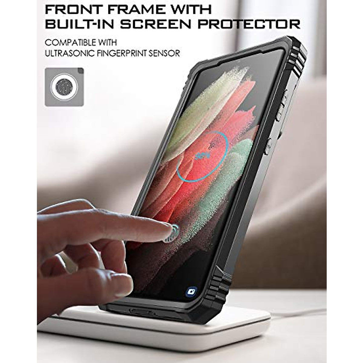 Poetic Revolution Case for Samsung Galaxy S21 Ultra 5G 6.8 inch, Built-in Screen Protector Work with Fingerprint ID, Full Body Rugged Shockproof Protective Cover Case with Kickstand, Black