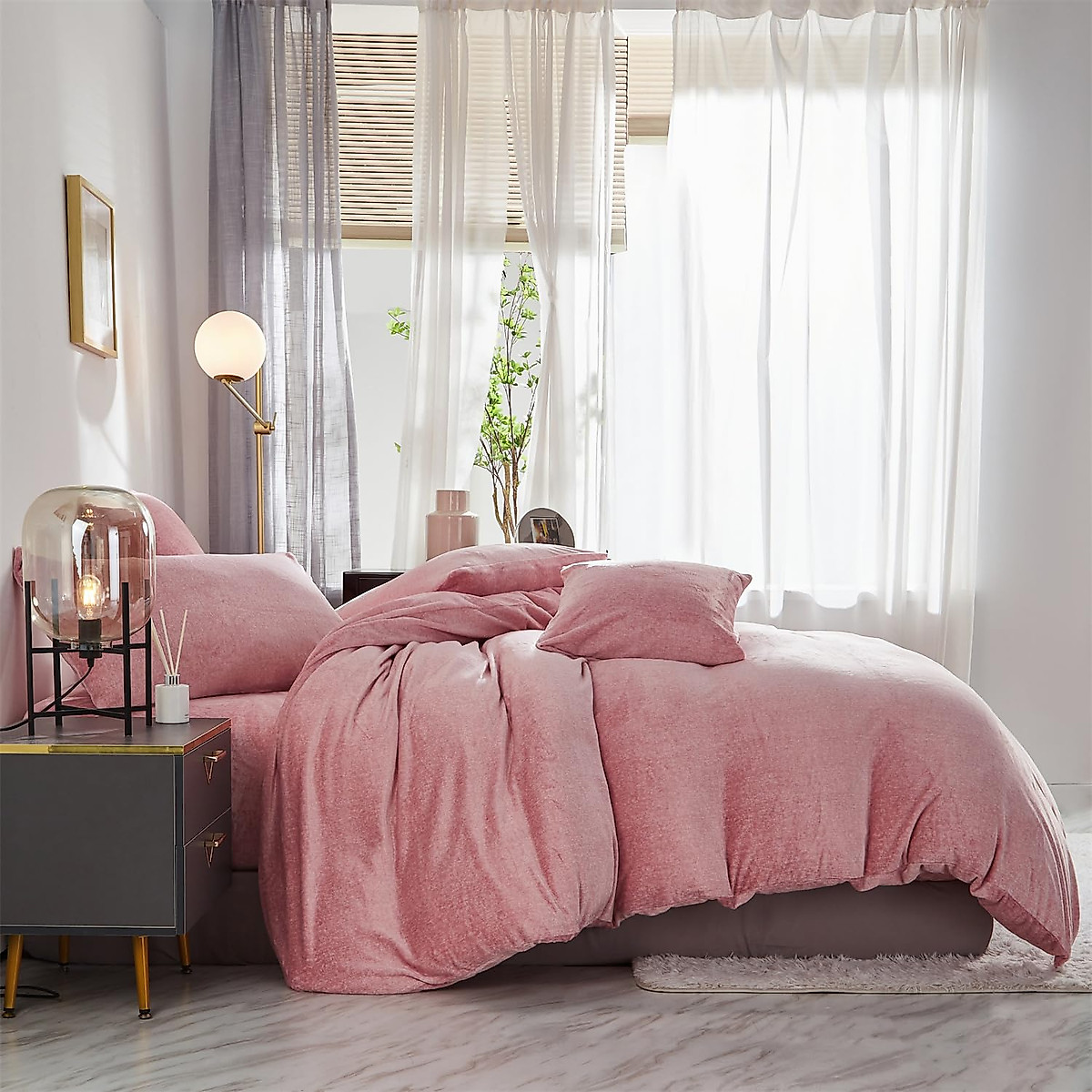 YASMENG Fluffy Velvet Duvet Cover Set Blush Pink Queen Size Fall Winter Soft Warm Flannel Comforter Cover Girls Pink 90" x 90" Luxury Cozy Plush Fleece Reversible Bedding Duvet Cover Set Pale Pink