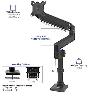 VIVO Premium Aluminum Extended Monitor Arm for Ultrawide Monitors up to 49 inches and 33 lbs, Single Desk Mount Stand, Pneumatic Height Adjusting, Max VESA 100x100, Black, STAND-V101GT