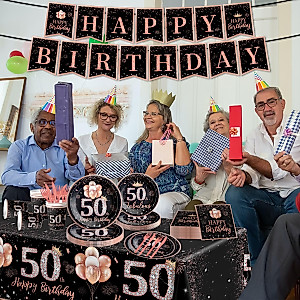 142Pcs 50th Birthday Tableware Decorations for Women Rose Gold Happy 50 Birthday Themed Tableware Set Disposable Tablecloth,Plates,Napkins,Cups,Forks and Knives of 50 Years Old Birthday Party